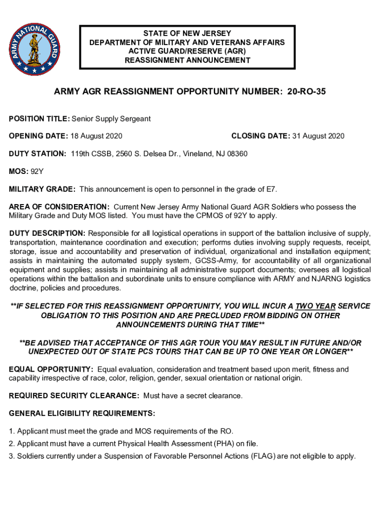 Fillable Online ARMY AGR REASSIGNMENT OPPORTUNITY NUMBER: 20-RO-35 ...