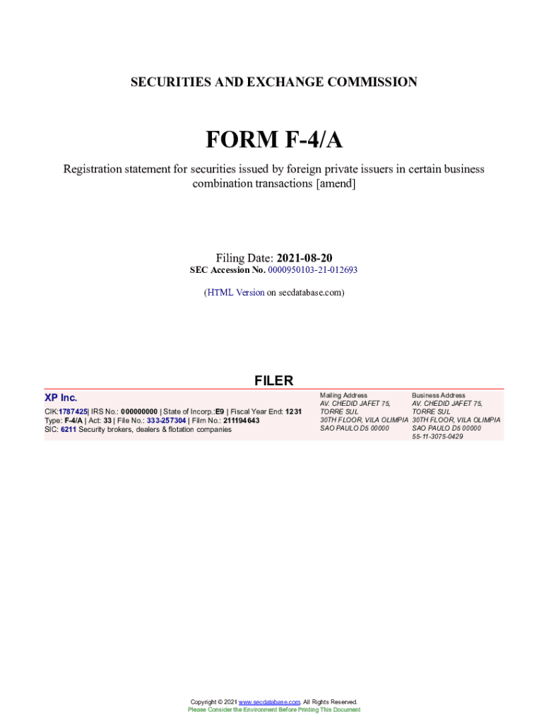 Fillable Online XP Inc. Form F-4/A Filed 2021-08-20. Accession Number ...