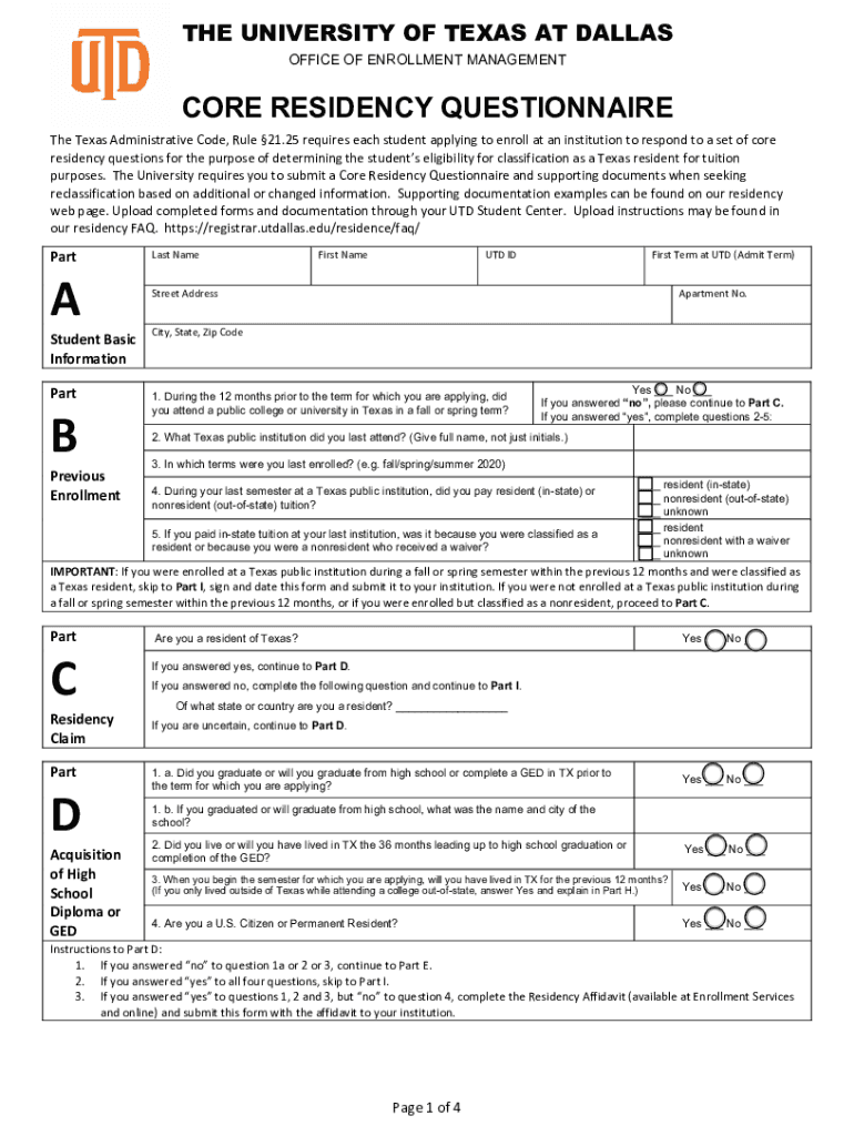 Fillable Online the university of texas at dallas - core residency ...