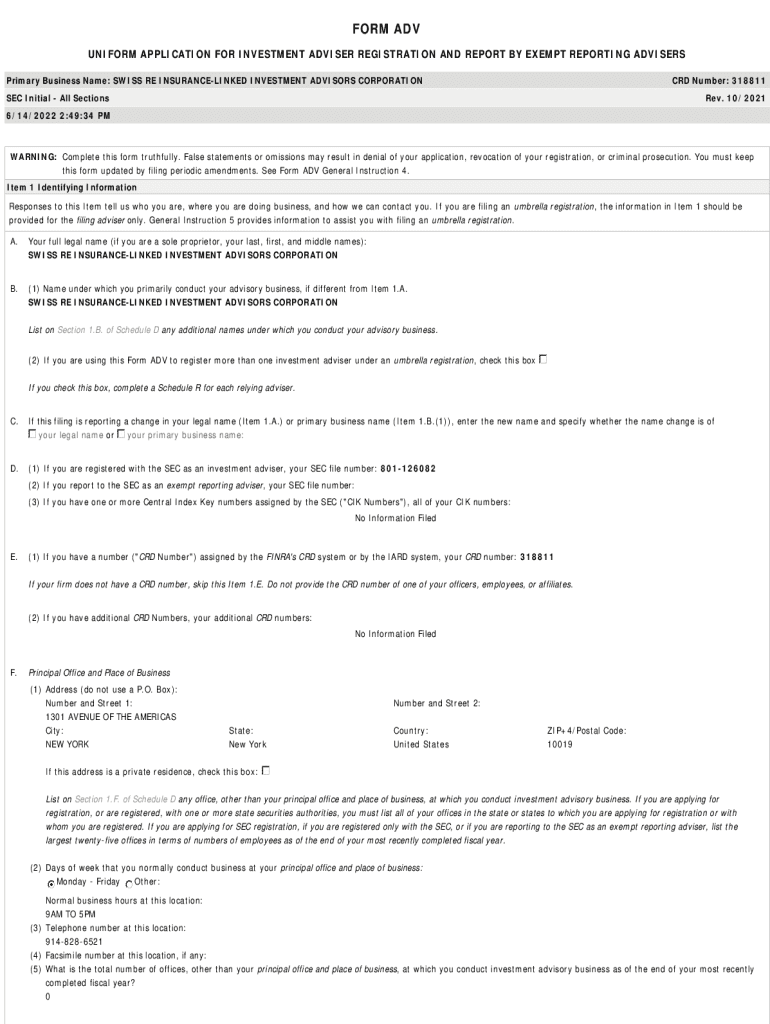 Fillable Online FORM ADV (Paper Version) UNIFORM APPLICATION for ...