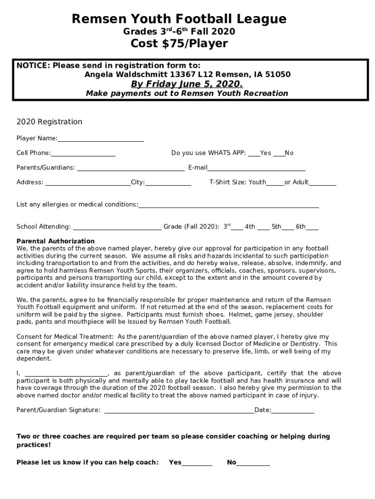 The #1 Youth Football Registration Template for Teams Doc Template | pdfFiller