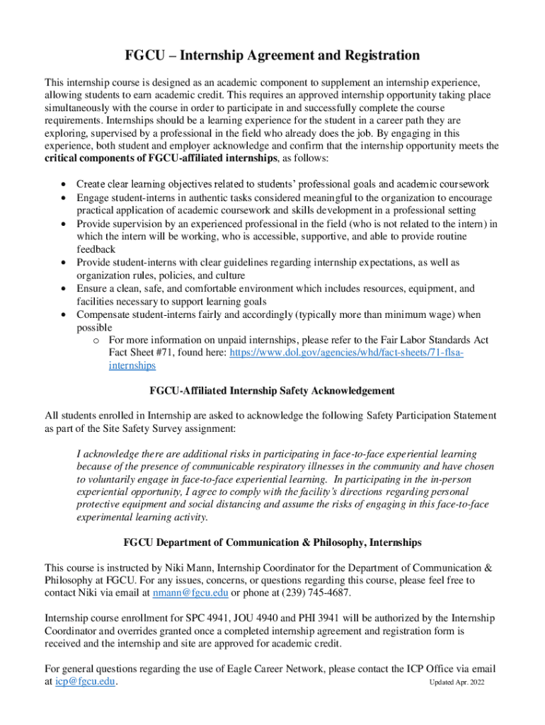 Fillable Online www.fgcu.edufilesInternship-Agreement-ADAFGCU Internship Agreement and ...