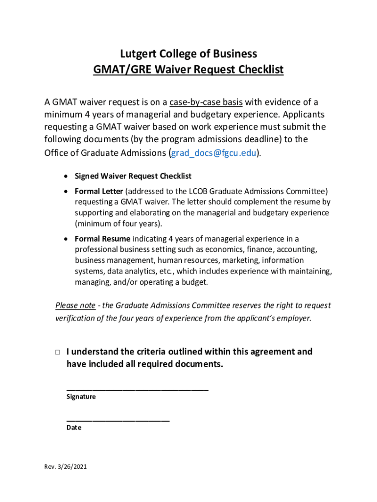 Fillable Online Lutgert College of Business GMAT/GRE Waiver Request ... Fax Email Print - pdfFiller