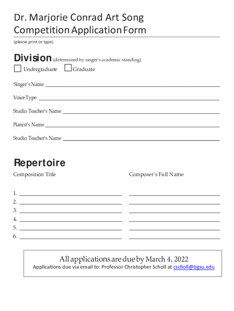 Fillable Online Dr. Marjorie Conrad Art Song Competition Application ...
