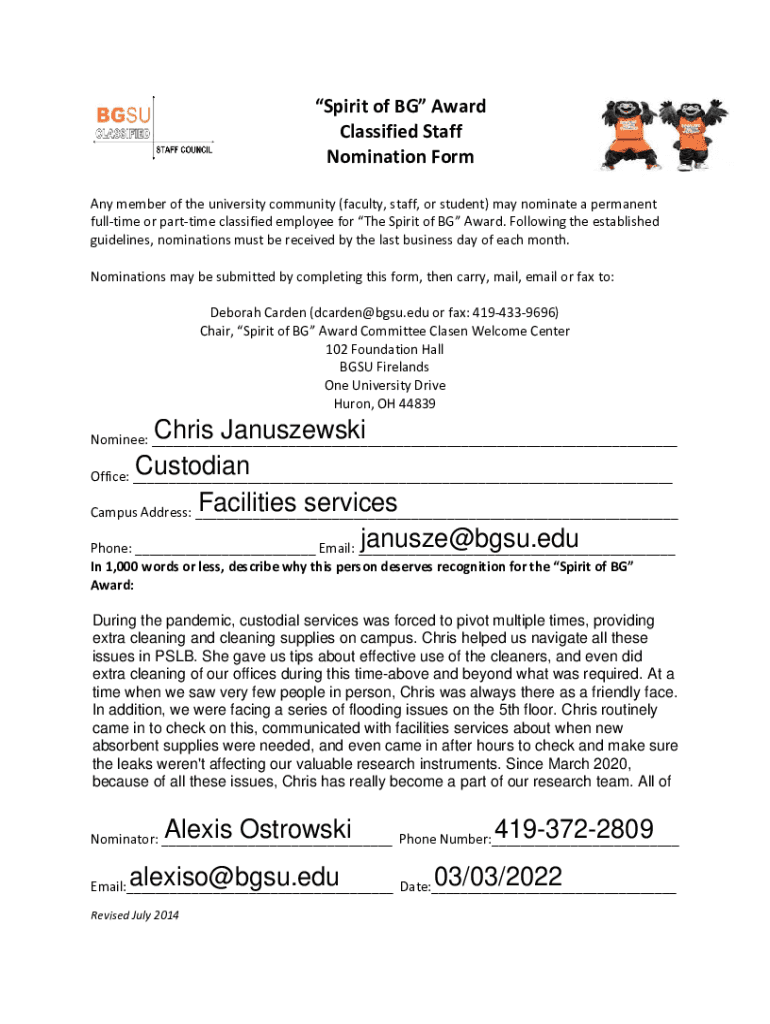 Fillable Online www.bgsu.eduSpirit-of-BG-Fill-InSpirit of BG Award ...