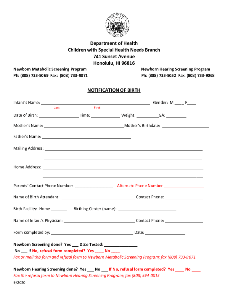 Fillable Online Notification of Birth - Hawaii State Department of ...