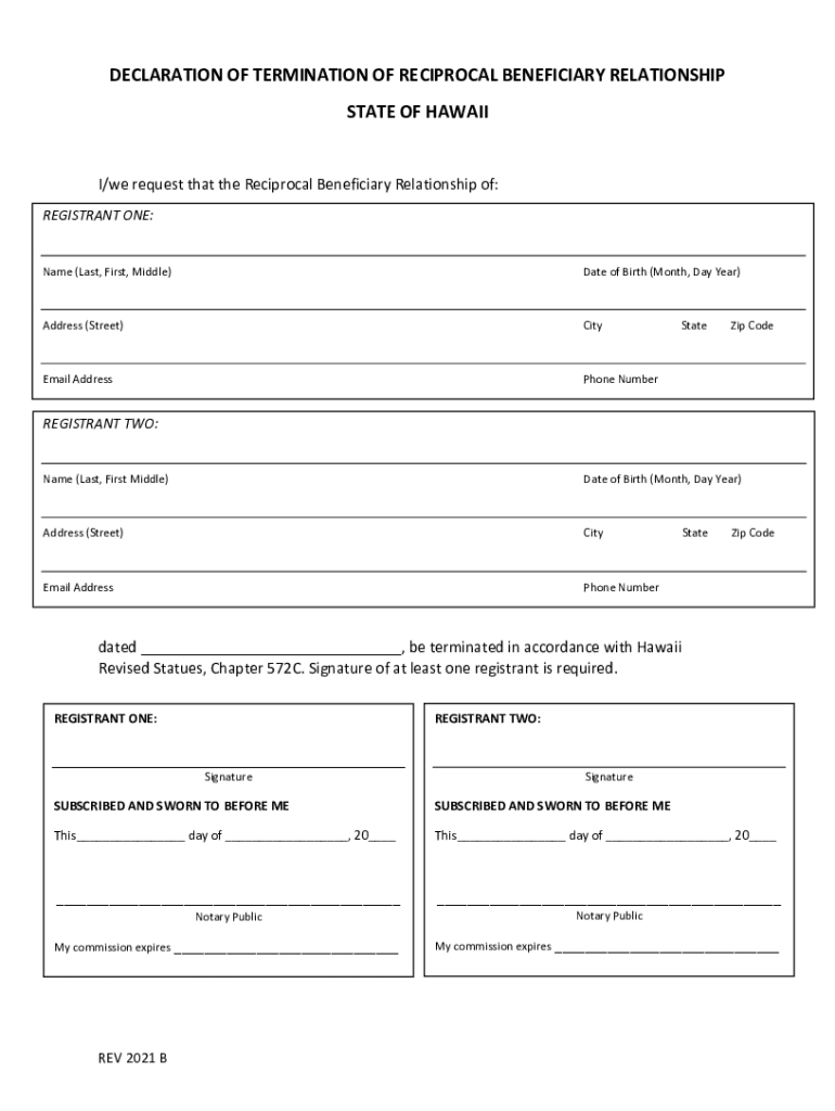 Fillable Online DECLARATION OF TERMINATION OF RECIPROCAL BENEFICIARY ...