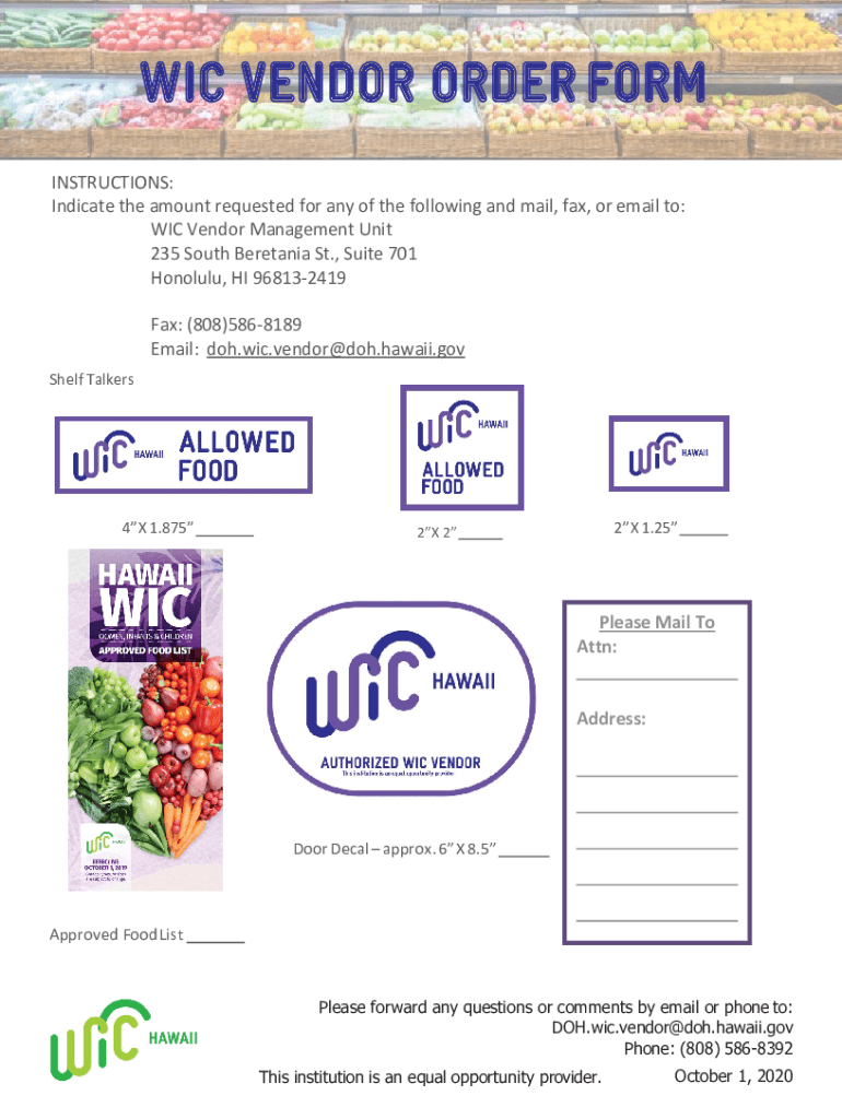Fillable Online WIC VENDOR ORDER FORM - Hawaii Department of Health Fax ...