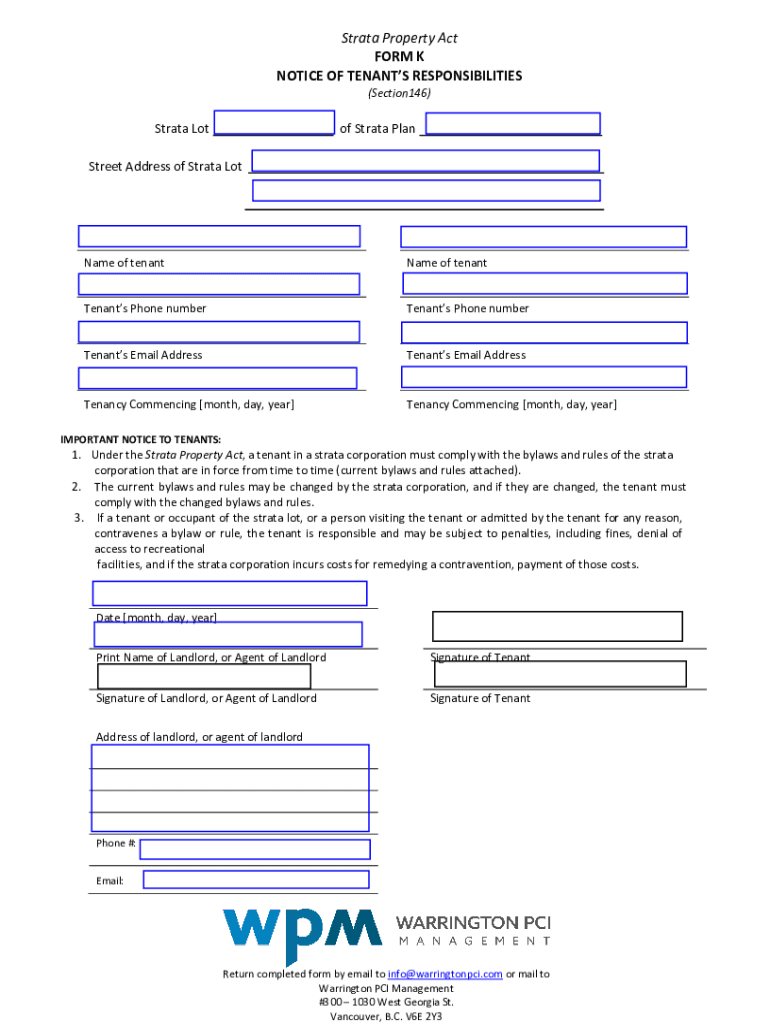 Fillable Online Strata Property Act FORM K NOTICE OF TENANT'S ...