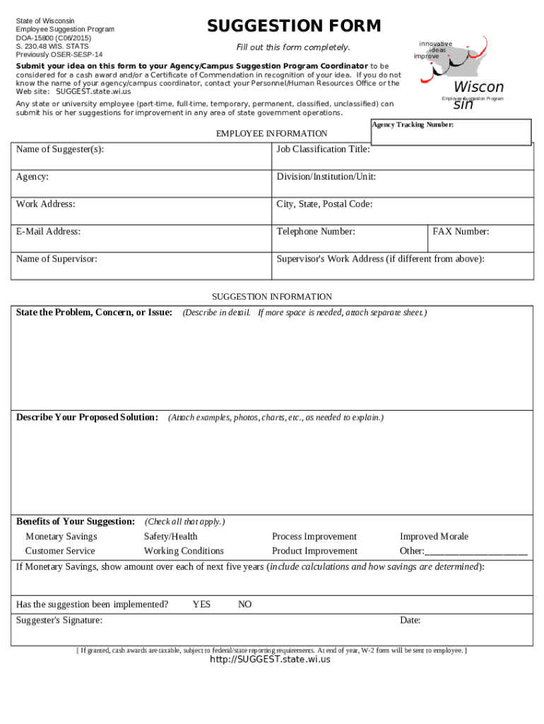 DOA-15800 "Suggestion " - Wisconsin - TemplateRoller Doc Template | pdfFiller