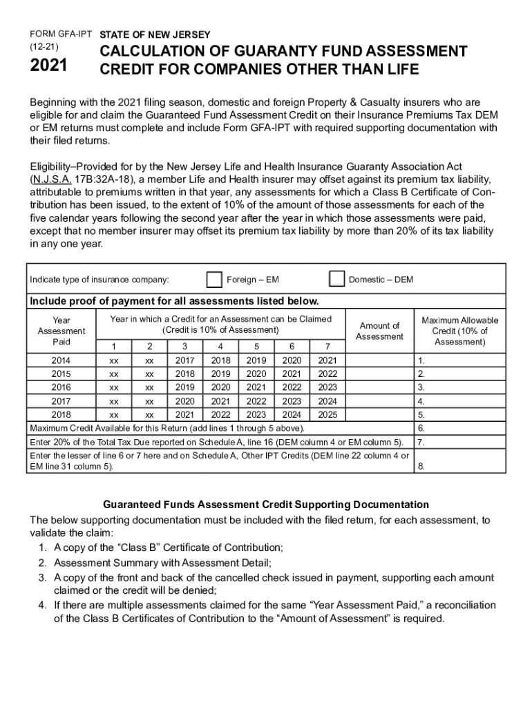 Fillable Online 2021 Calculation of Guaranty Fund Assessment Credit for ...