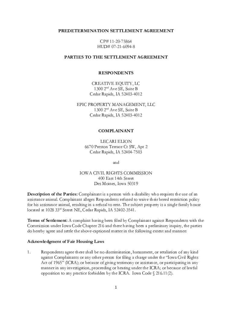Fillable Online icrc.iowa.govsitesdefaultPREDETERMINATION SETTLEMENT ...