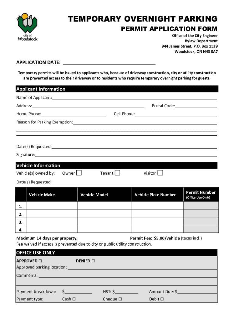 Fillable Online TEMPORARY OVERNIGHT PARKING PERMIT APPLICATION FORM Fax ...