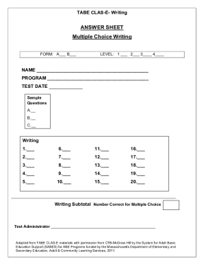 Fillable Online Adapted-TABE-CLAS-E-Writing-Answer-Sheet ... - UMass ...