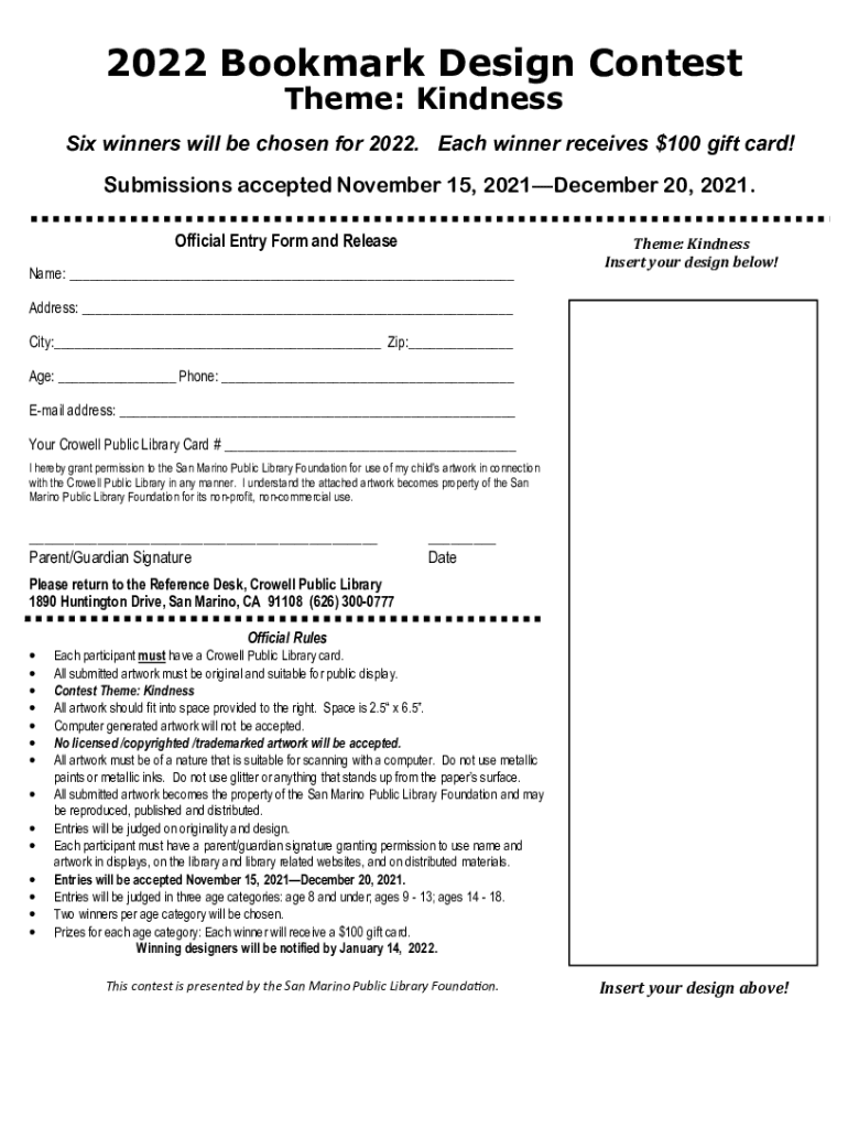 Fillable Online 2022 Bookmark Contest Form Sheet.pub Fax Email Print ...