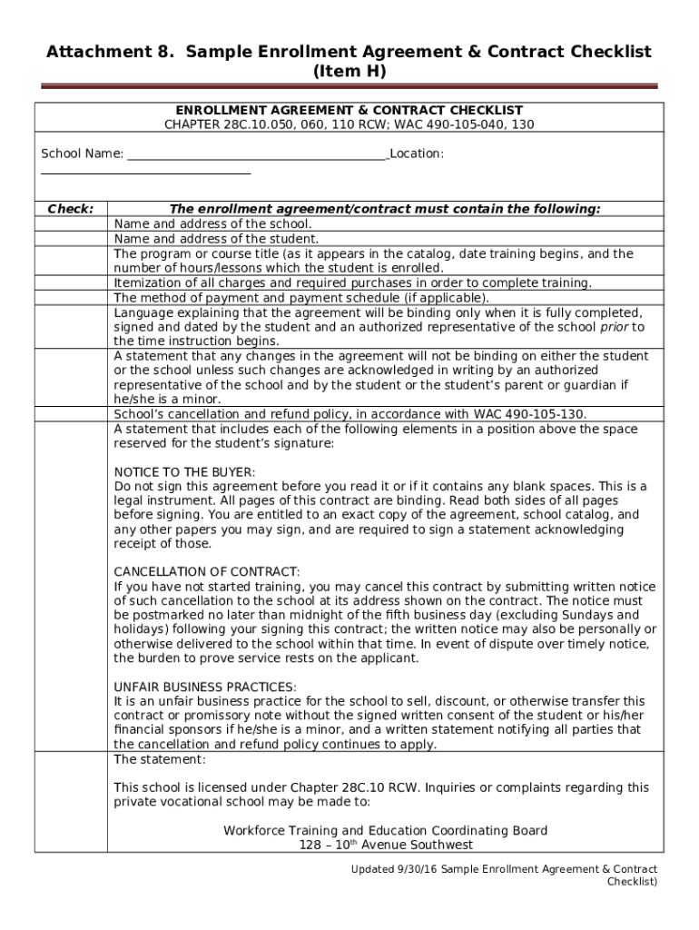 Attachment 8.Sample Enrollment Agreement & Contract Checklist (Item H ...