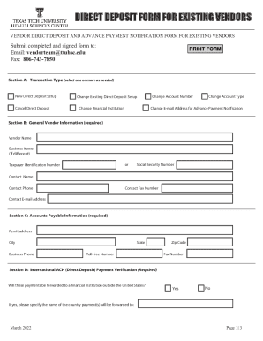 Fillable Online www.depts.ttu.eduvendors-direct-depositVENDOR DIRECT ...