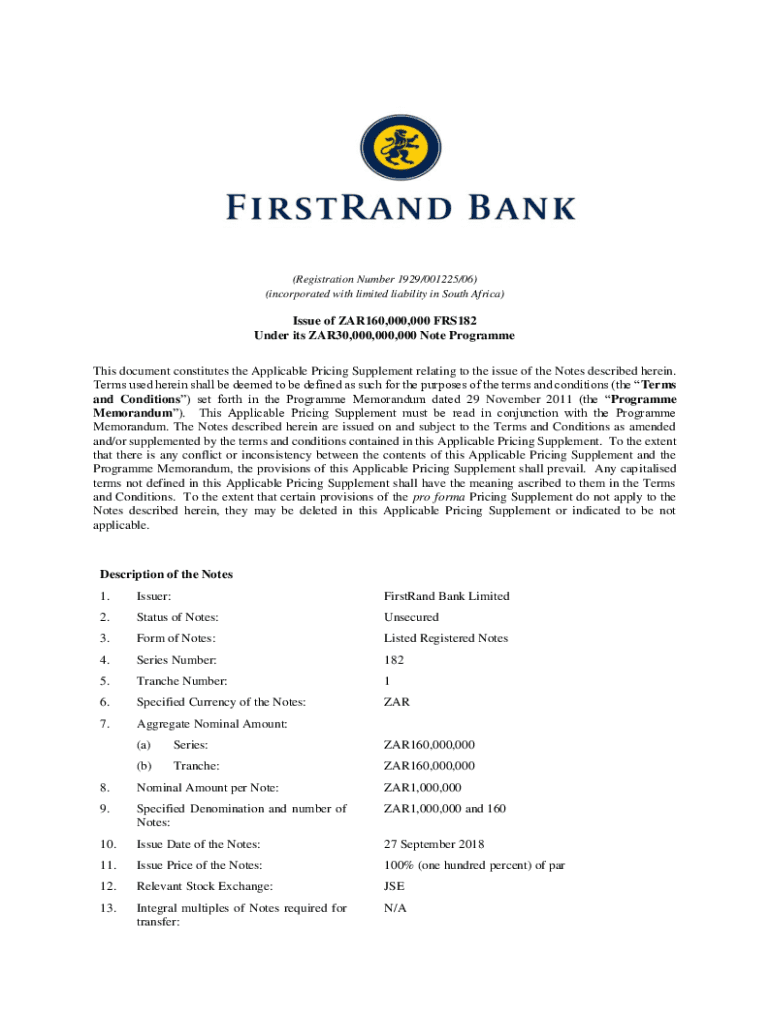 Fillable Online FRS182 Pricing Supplement - Firstrand Fax Email Print ...