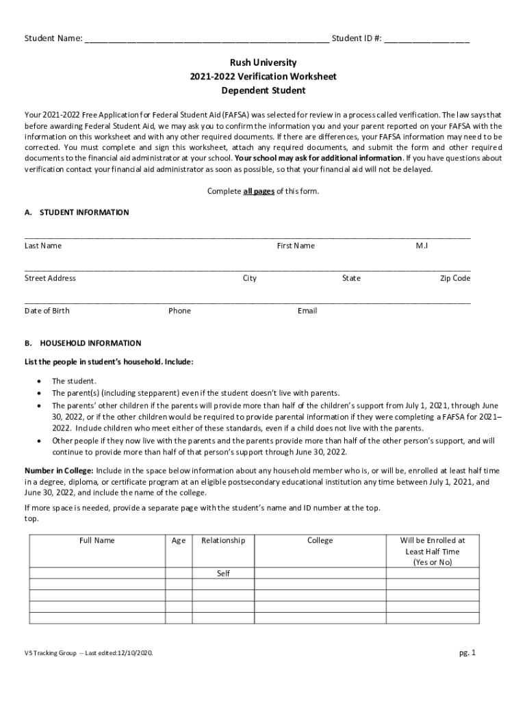 Fillable Online Rush University 2021-2022 Verification Worksheet ...