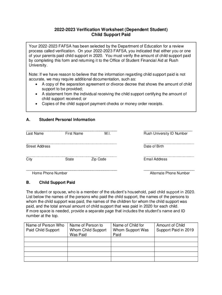 Fillable Online 2022-2023 Verification Worksheet (Dependent Student) Child ... Fax Email Print ...