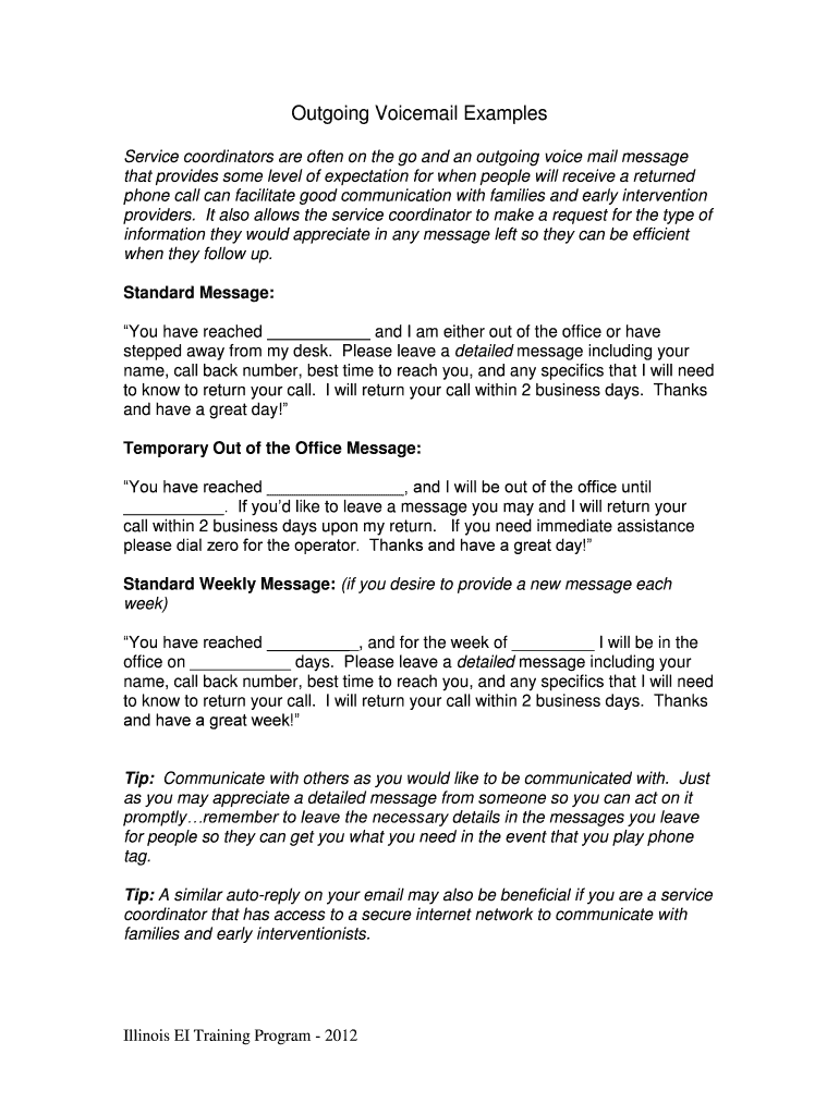 Fillable Online illinoiseitraining Outgoing Voicemail Examples ...