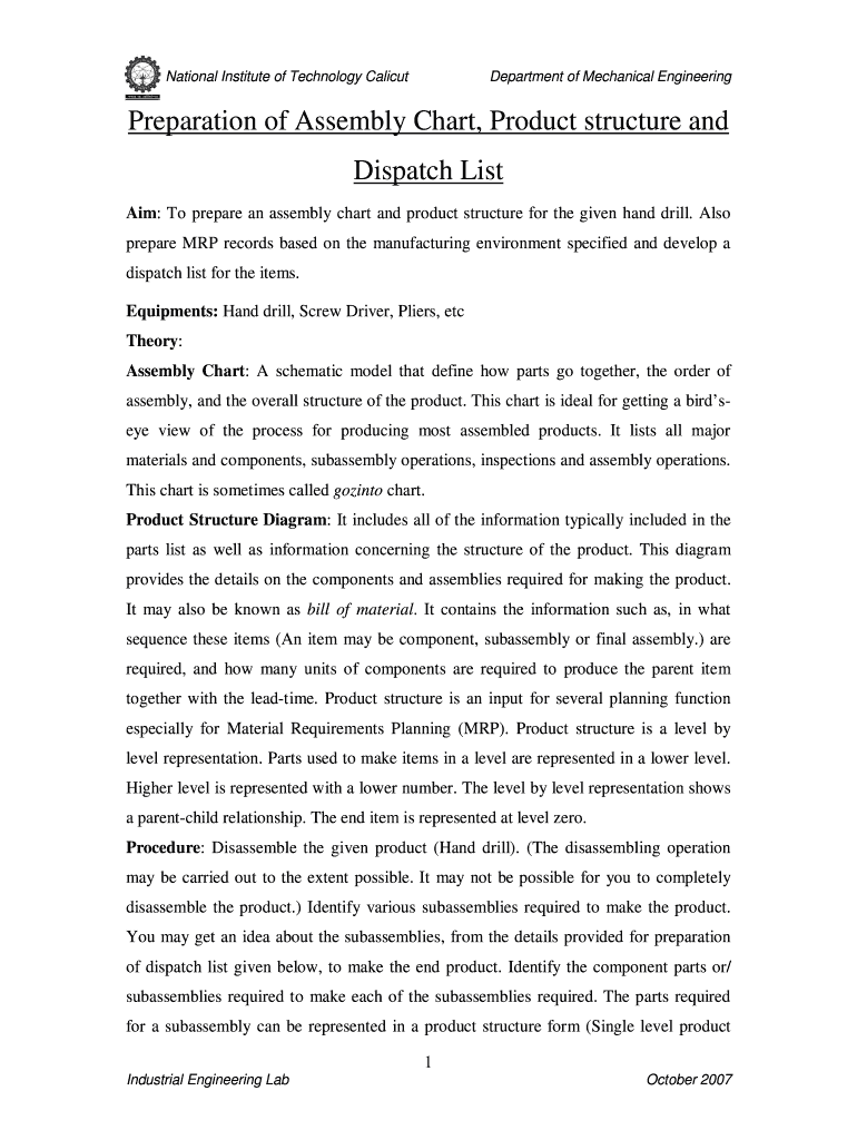 Fillable Online Preparation of Assembly Chart, Product structure and ...