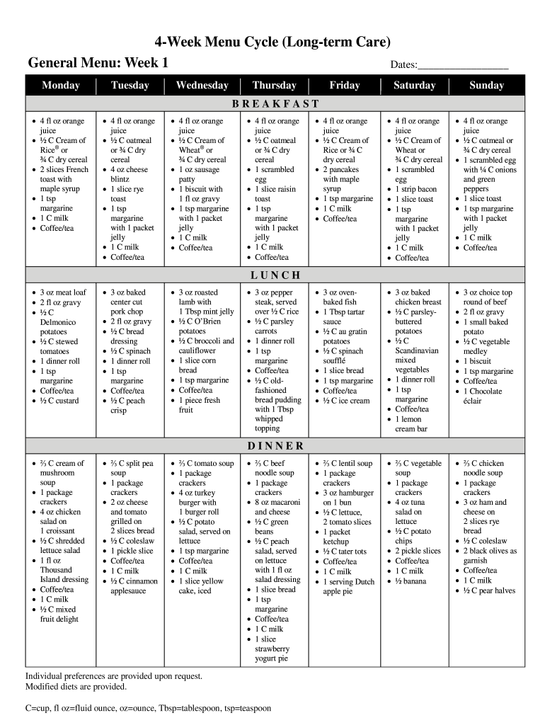 4 Week Cycle Menu Fill Out Sign Online DocHub