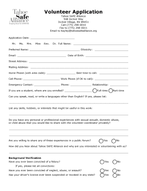 Fillable Online Volunteer Application - Tahoe SAFE Alliance Fax Email Print - pdfFiller