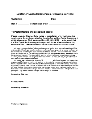 Fillable Online Customer Service Cancellation PDF - Postal Masters Fax ...