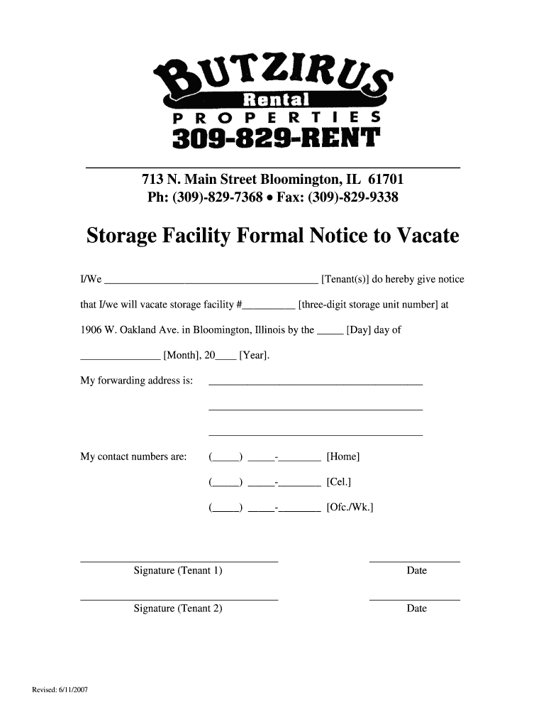 Fillable Online Storage Vacate Form Oakland Ave amp Allexander Rd Fax ...
