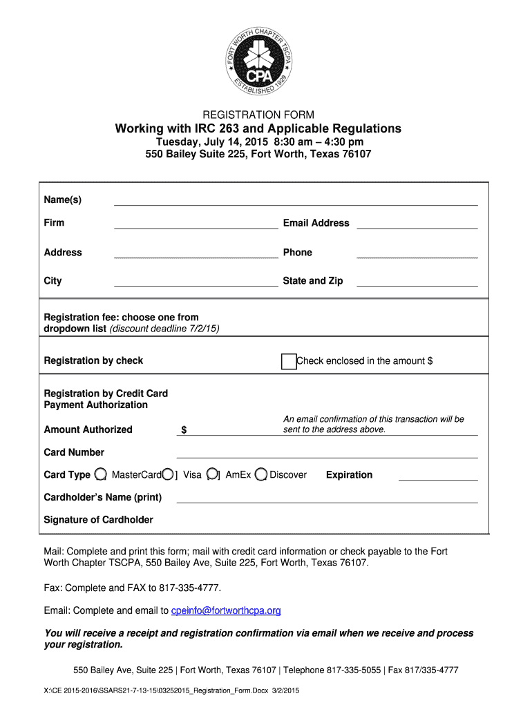 Fillable Online info fortworthcpa REGISTRATION FORM Working with IRC ...