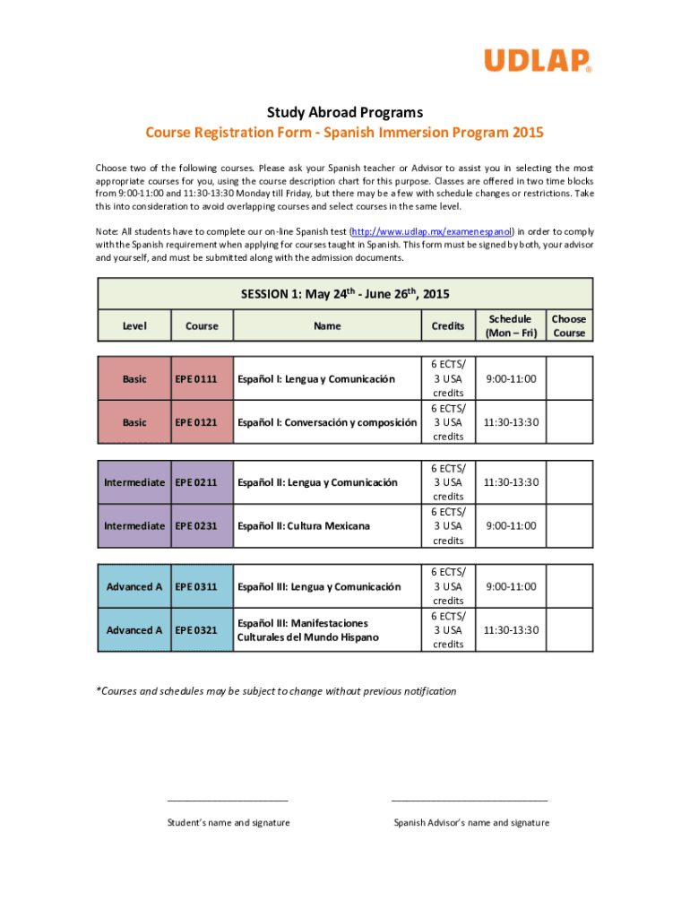 Fillable Online Study Abroad Programs Course Registration Form -... Fax ...