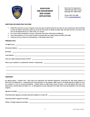 Fillable Online GLEN ECHO FIRE DEPARTMENT RIDE ALONG APPLICATION Fax ...