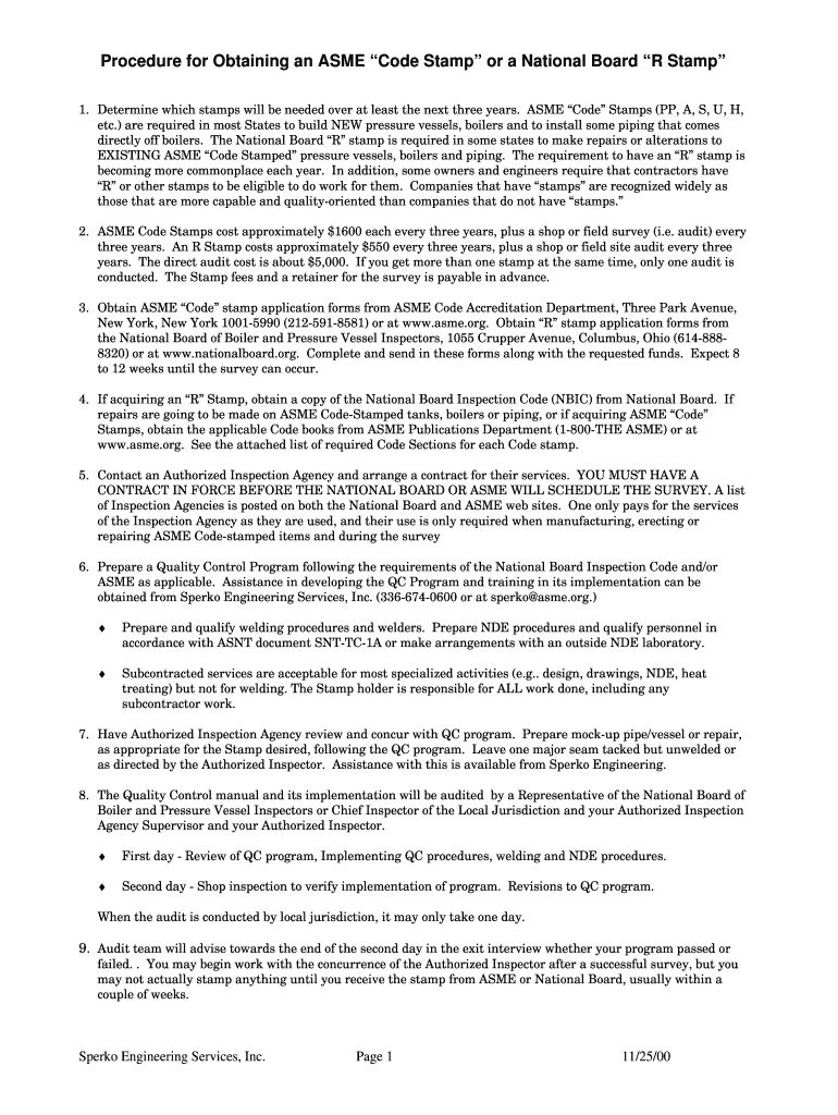 Fillable Online Procedure for Obtaining an ASME Code Stamp or a ...
