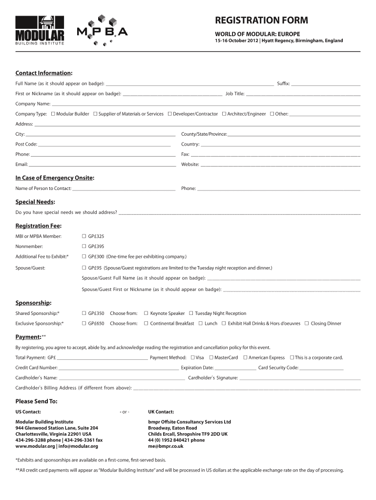 Fillable Online REGISTRATION FORM - Modular Building Institute Fax Email Print - pdfFiller