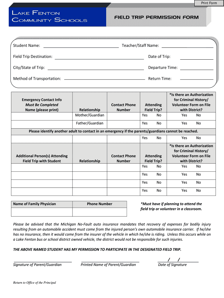 Fillable Online lake-fenton schoolfusion Field Trip Permission Form - Lake Fenton High... Fax ...
