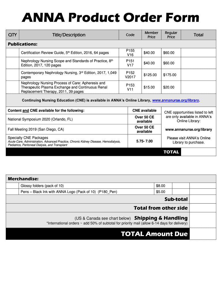 Fillable Online Product Order Form - American Nephrology Nurses ...