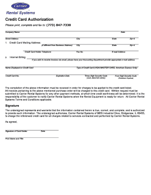 Fillable Online Credit Card Authorization - Carrier Rentals Fax Email Print - pdfFiller