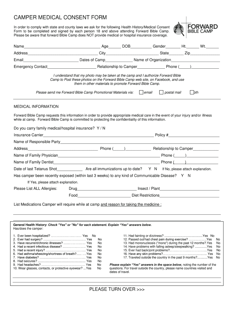 Fillable Online CAMPER MEDICAL CONSENT FORM - Radiant WebTools Fax ...
