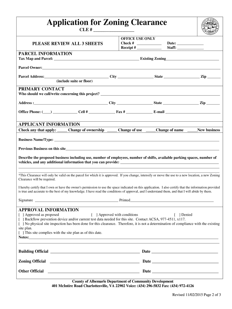 Fillable Online albemarle Zoning Clearance - bAlbemarle Countyb Fax Email Print - pdfFiller