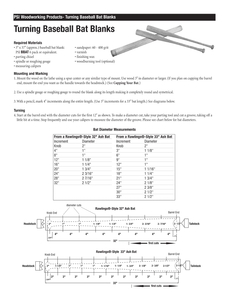 Fillable Online PSI Woodworking Products- Turning Baseball Bat Blanks ...