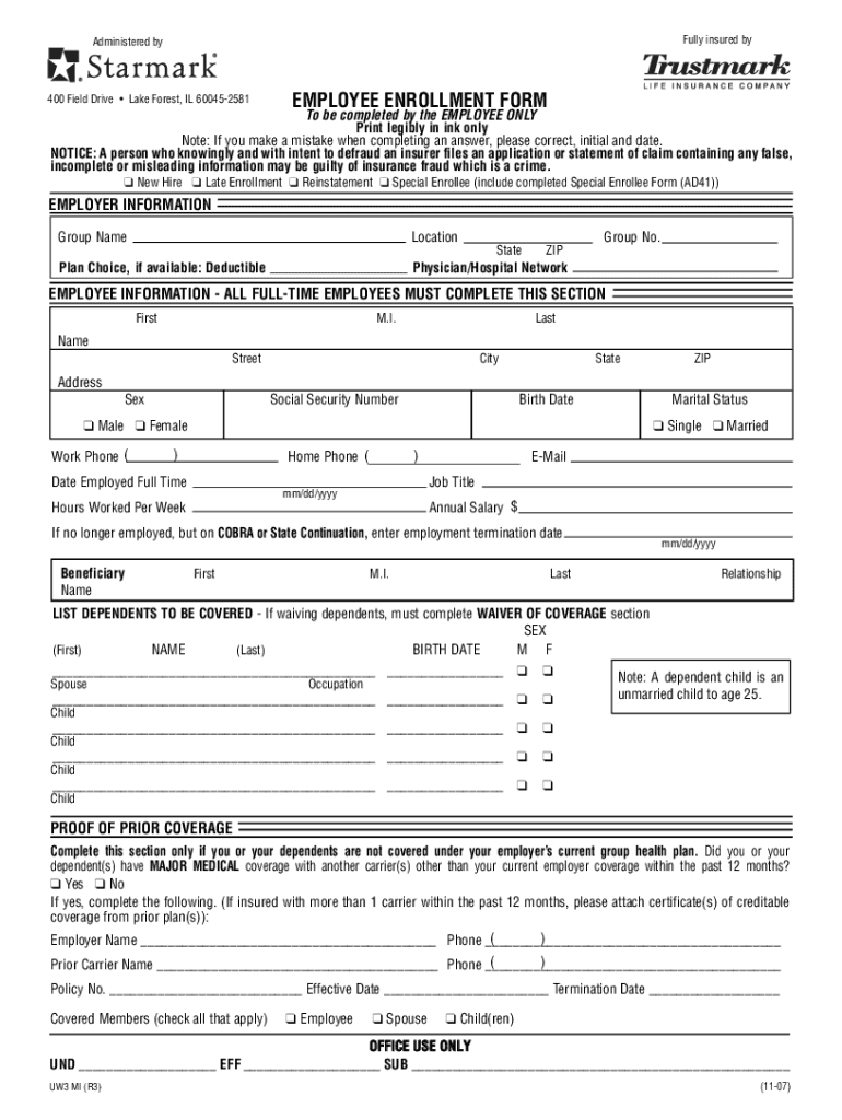 Fillable Online EMPLOYEE ENROLLMENT FORM - Tim Wiedman Associates Fax ...