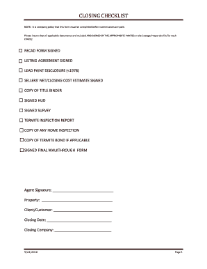 Fillable Online CLOSING CHECKLIST - Cottage Properties LLC Fax Email ...