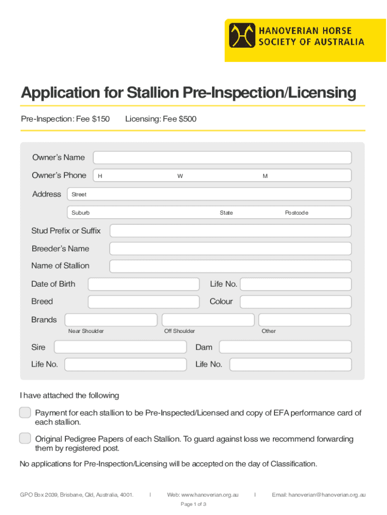 Fillable Online Application for Stallion Pre-Inspection / Licensing Fax ...