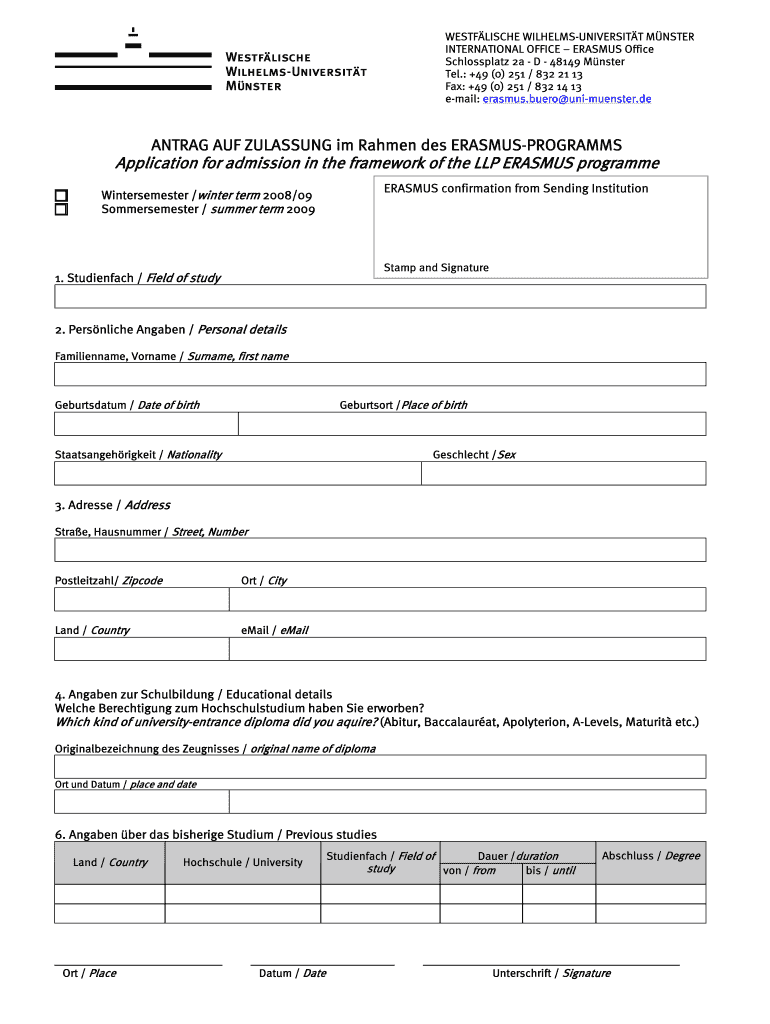 Fillable Online uni-muenster ERASMUS application form.doc Fax Email ...