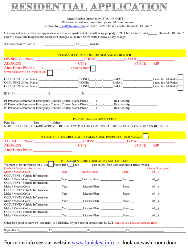Fillable Online Residence APPLICATION Form Laniakea7-24-11 Fax Email ...