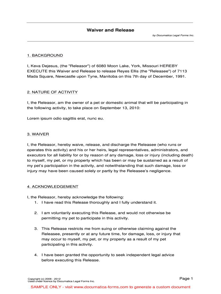 Fillable Online Waiver and Release - Documatica Legal Forms Fax Email Print - pdfFiller