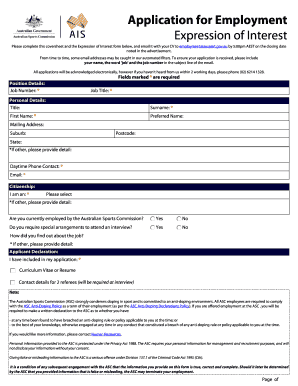 Fillable Online ausport gov Application for Employment Expression of Interest - Australian ...