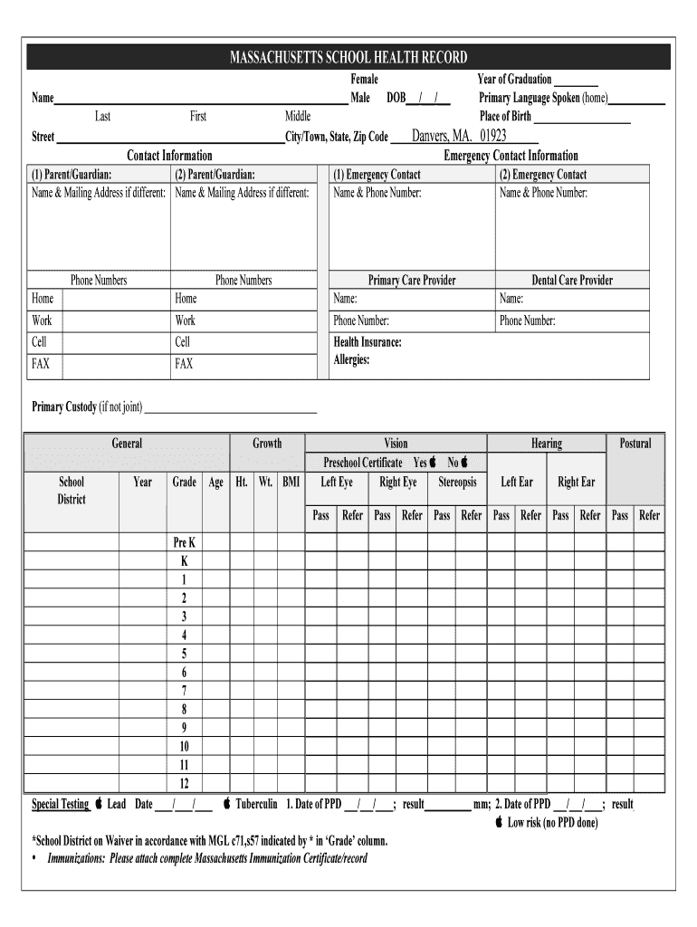 Fillable Online M-Med. MA Sch Health Record - Danvers Public Schools ...