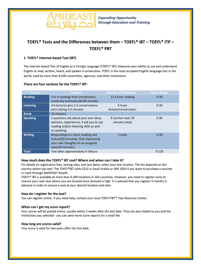 Fillable Online TOEFL Tests and the Differences between them TOEFL iBT ...